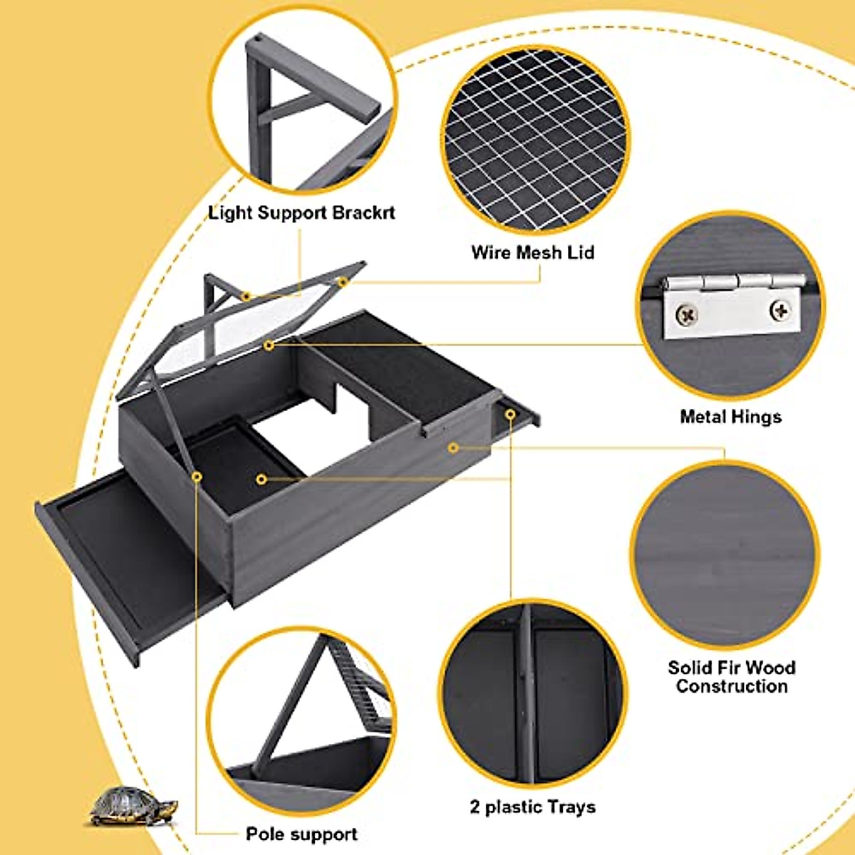 Tortoise House Large Tortoise Habitat Cage, Upgraded Wooden Tortoise Large Box Turtle Habitat Enclosure with Light Support Frame,Trays, Weatherproof Roof, Reptile Cage House for Lizards, Geckos