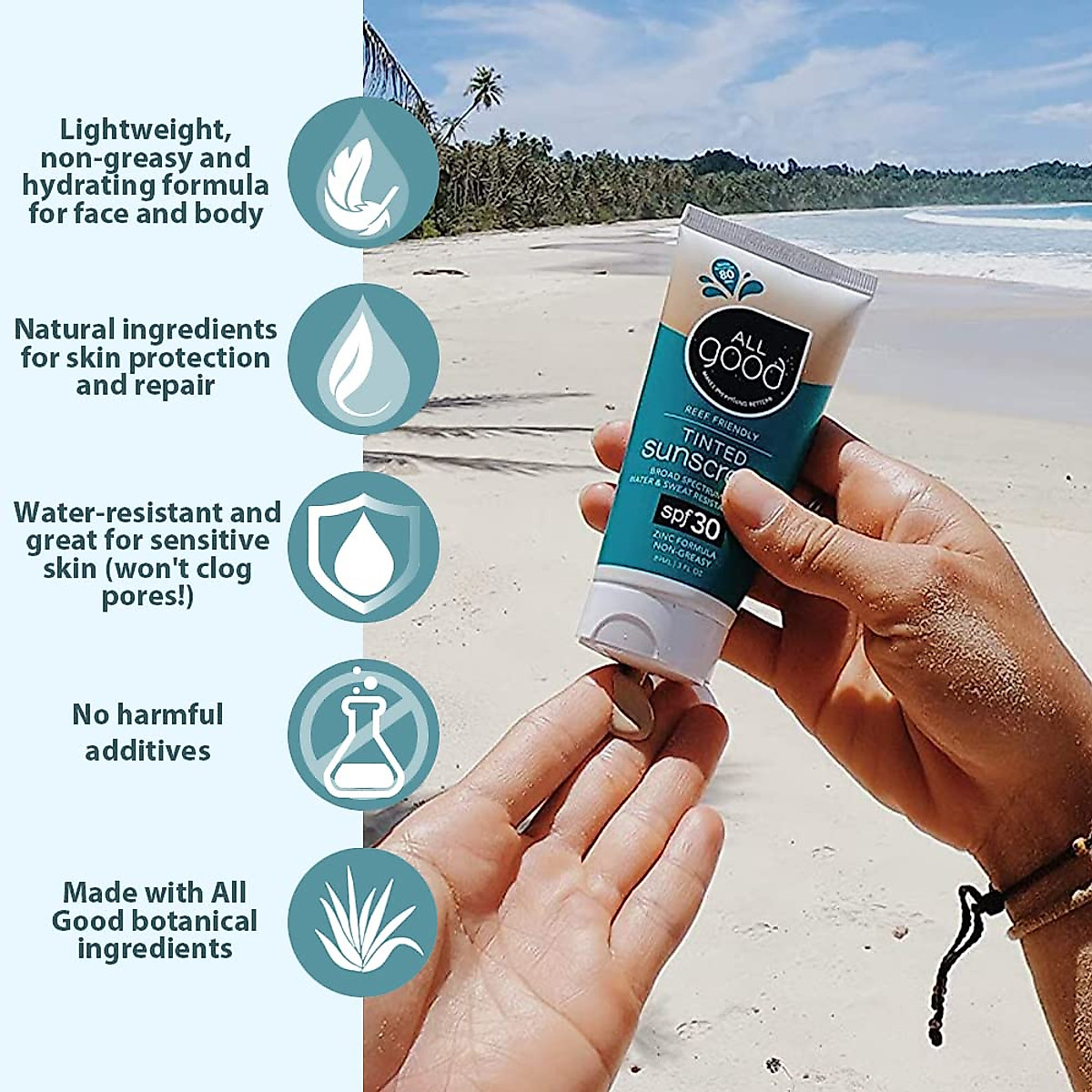 All Good Sunscreen - Tinted Mineral Sunscreen for Face & Body - SPF 30, Water Resistant, Coral Reef Friendly, Coconut Oil, Jojoba Oil, Shea Butter, Aloe 3 oz (2-Pack)