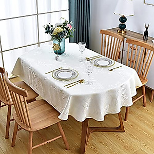Wolkemer Oval Jacquard Tablecloth Ivory Floral Countryside Leaves Damask Patterns Table Cloth Cover for Dinner Kitchen 60 x 84 Inch