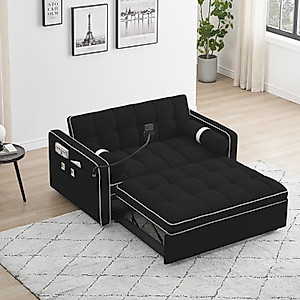 LITVZ Love Seat Sleeper Bed, 3 in 1 Convertible Sleeper Sofa Couch with Pull Out Bed, Velvet Futon Sofa Bed with Phone Holder, Pillows and Pockets for Living Room Apartment Small Place (Black)