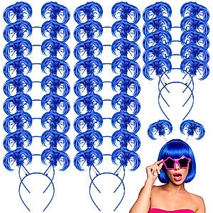 Hoteam 48 Pcs Ponytails Headband Tinsel Wrapped Party Head wear Pom Feathers Headbands for Mardi Gras party(Blue)