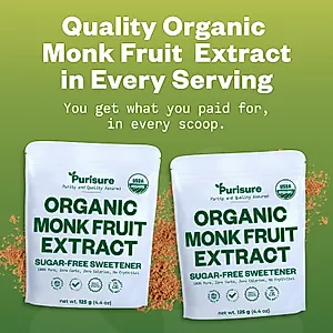 Organic Monk Fruit Sweetener, 125g (4.41oz) 400 Servings, No Fillers Pure USDA Organic Monk Fruit Extract Powder with No Aftertaste, Zero Calorie & Zero Carbs, Keto & Paleo Friendly, by Purisure