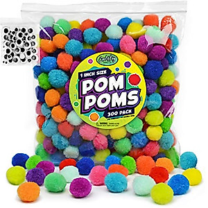 Carl & Kay [300 Pcs] 250 1 Inch Pom Poms & 50 Googly Eyes - Craft Pom Pom Balls - Pompoms for Crafts - Pom Pom for Crafts in Bright & Bold Assorted Colors - Large Pom Poms Arts and Crafts