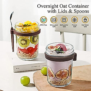 KesaPlan Overnight Oats Containers with Lid and Spoon, 10oz Airtight Large Capacity Mason Jar, 2PCS Leak-proof Oatmeal Jars with Measurement Marks, Reusable On The Go Parfait Cups for Yogurt Cereal