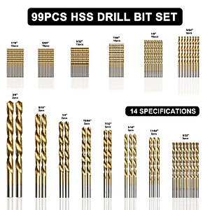 GMTOOLS 99 Pcs Drill Bit Set, 135° Tip Titanium Coated High Speed Steel, Twist Drill Bit Kit for Iron, Aluminum Alloy, Copper, Wood, Plastic, with Hard Storage 1/16"-3/8"