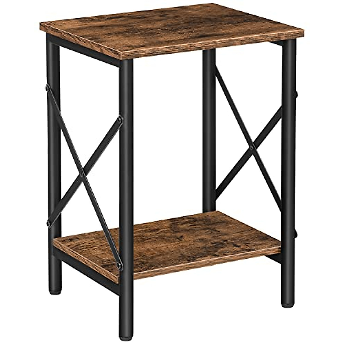 ALLOSWELL Small Side Table, End Table with Storage Shelf, 14.6 x 10.6 x 19.9 Inches, Nightstand X-Shaped Design, Bedside Table, Steel Frame, Living Room, Bedroom, Easy Assembly, Rustic Brown ETHR2801