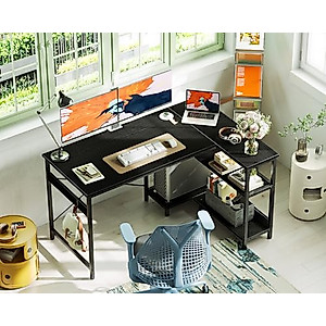 ODK Small L Shaped Computer Desk, 48 Inch Corner Desk with Reversible Storage Shelves & Iron Hook, Modern Simple Writing Study Table, Black