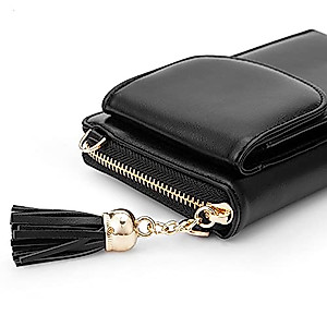 Womens Crossbody Bag Big Tassels Small Cell Phone Shoulder Purse Leather Travel RFID Card Wallet Case Baggap Handbag Clutch for iPhone 11 SE 11 Pro Xr X Xs Max 8/7/6 Plus LG Stylo Samsung (Black)