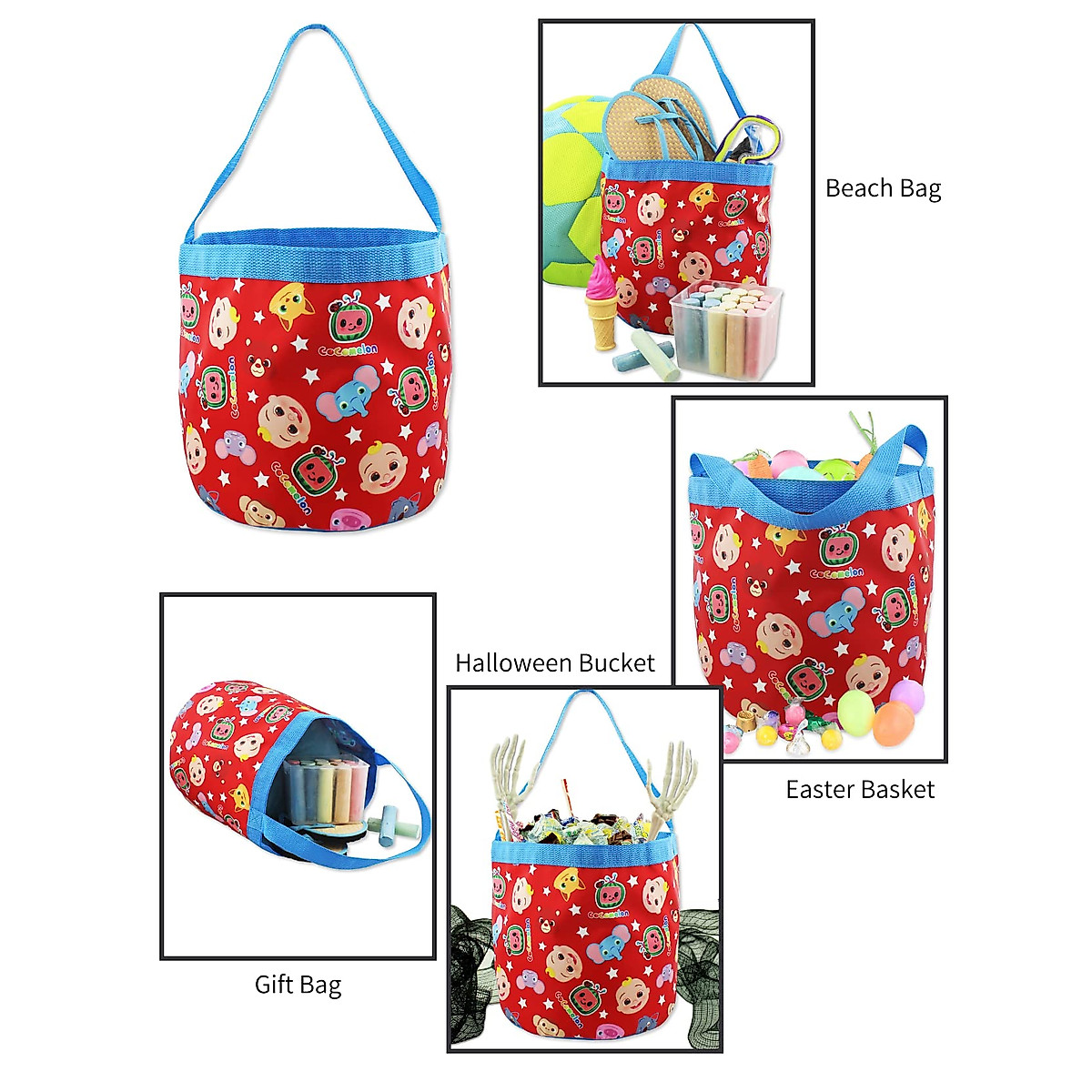 CoComelon Collapsible Nylon Basket Bucket Tote Bag (Red, One Size)