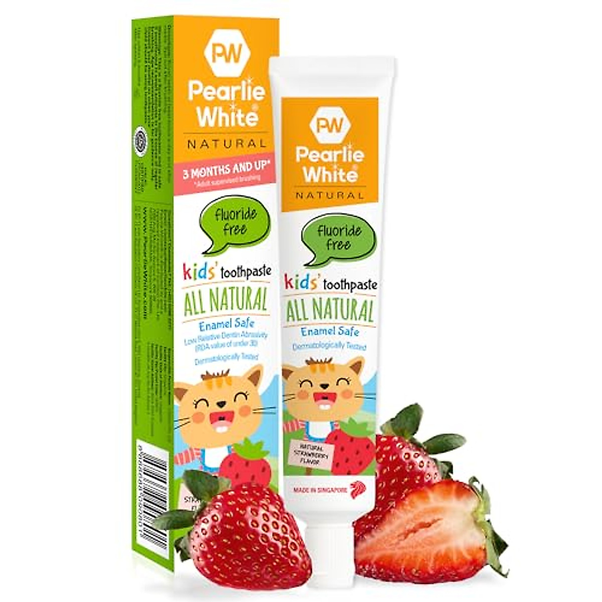 Pearlie White All Natural Fluoride Free Kids Toothpaste 1.58oz/45gm | Extra Gentle Enamel Safe Toothpaste | Helps Fight Against Plaque Formation | Under 30 RDA | Natural Strawberry Flavor
