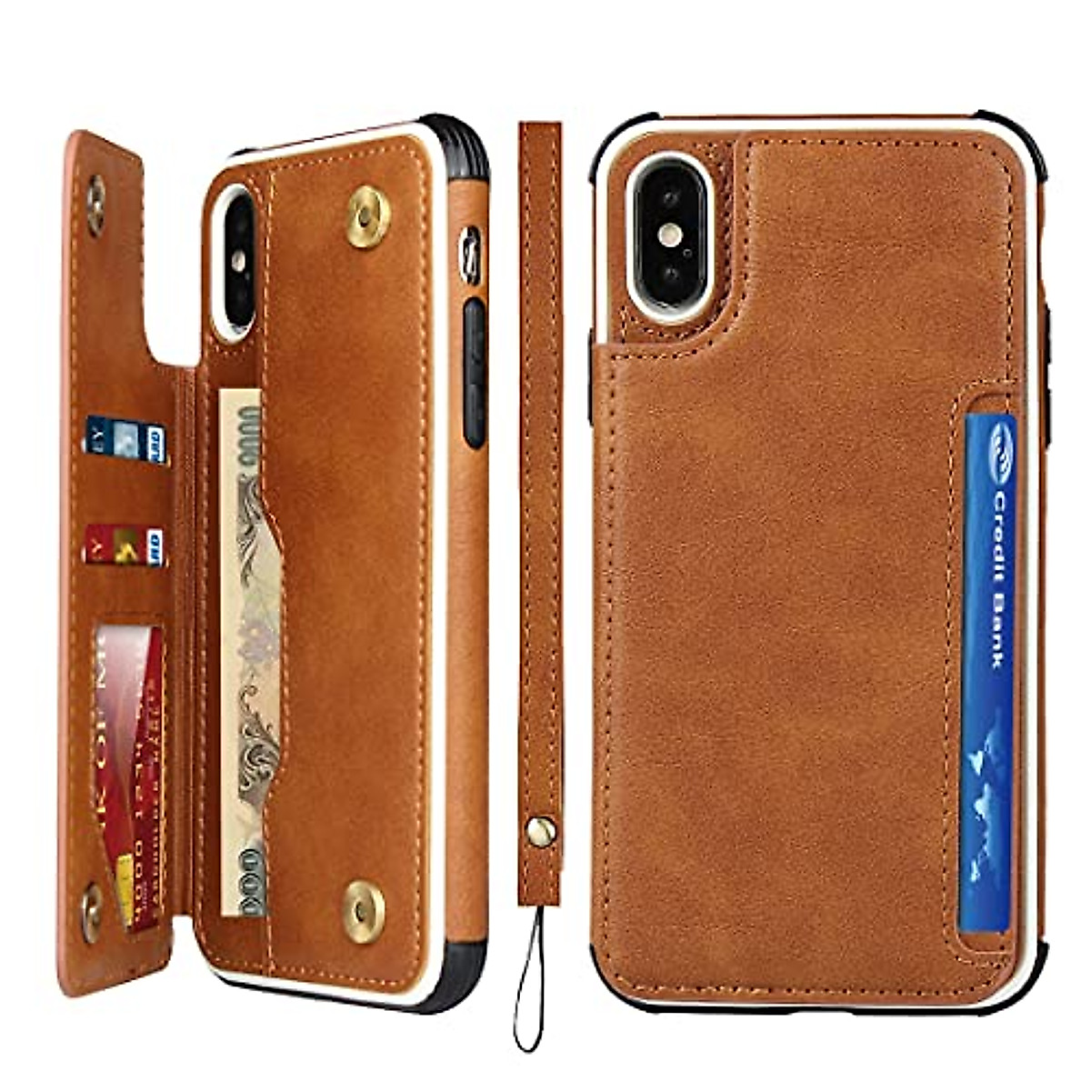 Cavor for iPhone X Wallet Case with Card Holder,iPhone Xs Case for Women Men,Phone Case iPhone X with Credit Card Holders,Leather Card Slots Cases[Kickstand][Wrist Strap] Shockproof Cover- Brown