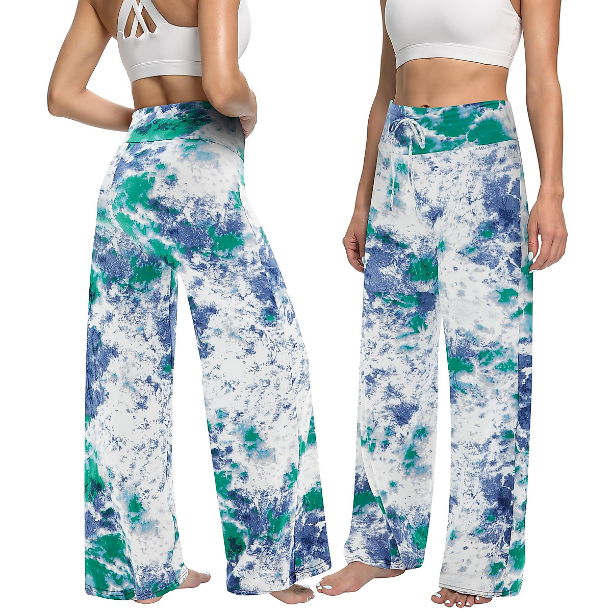 ZOOSIXX Women's Buttery Soft Pajama Pants | Floral Print Drawstring Casual Palazzo Lounge Pants Wide Leg | For All Seasons (B-sky Blue 2, Large)