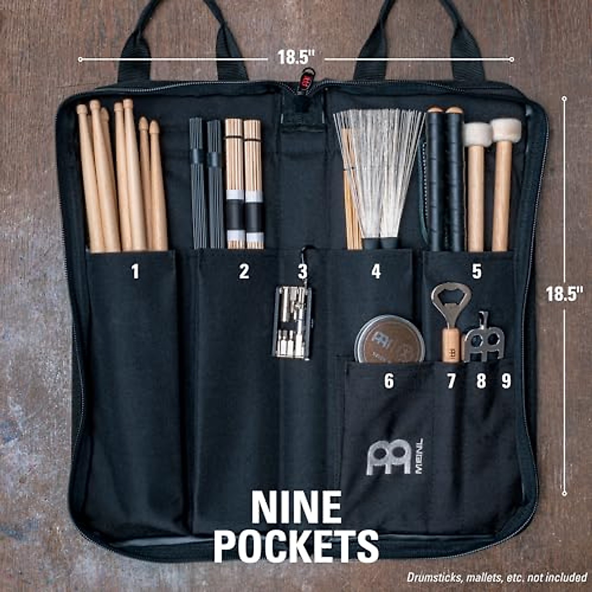Meinl Percussion Drum Stick Bag with Extra Outside Pocket and Floor Tom Hooks – for Mallets, Brushes and Accessories, Black, Standard (MSB-1)