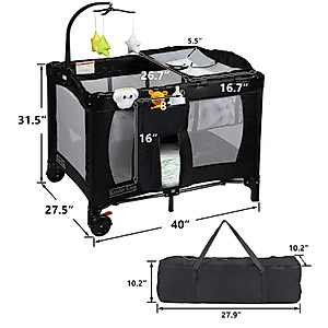 Kinder King 3 in 1 Portable Nursery Center, Foldable Playard for Baby & Toddler, Infant Pack n Play w/Bassinet, Removable Mattress, Newborn Changing Table, Travel Bag, Music Box, Storage Basket, Black