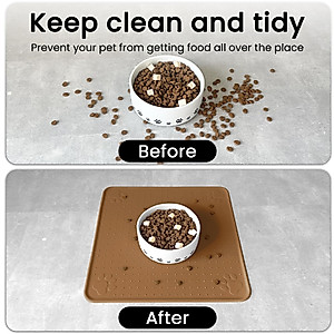 Ptlom Pet Placemat for Dog and Cat, Waterproof Non-Slip Dogs Bowl Mat Prevent Food and Water Overflow, Puppy Dish Feeding Mats Suitable for Medium and Small Pets, Silicone (13" *13", Brown)