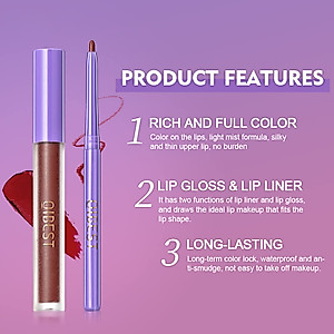 Easilydays 2 Pcs Halloween Dark Matte Liquid Lipstick + Lip Liner Pens Sets, 8 Colors High Pigmented Goth Sexy & Bold Lip Gloss, 24H Waterproof Long-lasting Matte Lipstick , Non-Stick Cup Velvety Lip Makeup for Women (Purple)
