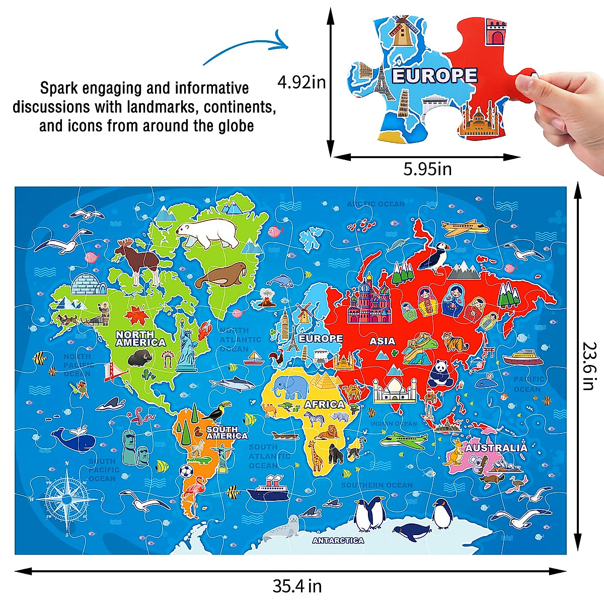 Jumbo Floor Puzzle for Kids,World Map Puzzle Jigsaw Geography Puzzles,48 Piece Globe Atlas Puzzle with Continents,United States Puzzle for Ages 3-5,Preschool Learning Toys Gift for 4-8 Years Old