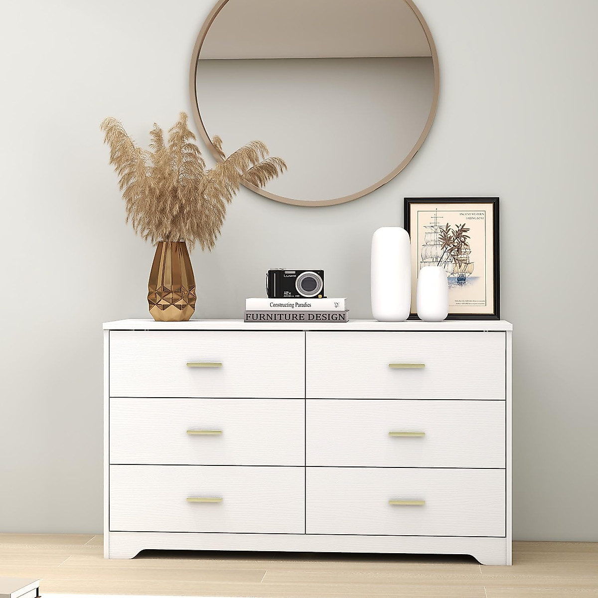 Modern 6 Drawer Wood Dresser, Wood Lateral Chest of Drawers Storage Organizer with Wide Drawers & Metal Gold Handles for Bedroom, Living Room, Hallway, Entryway