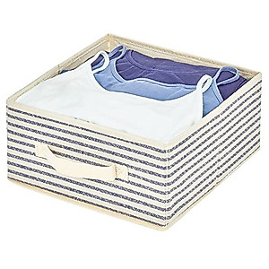 mDesign Soft Fabric Closet Organizer Box with Front Pull Handle for Shelves in Bedroom, Bathroom, Home Office - Holds Clothing, Linens, Accessories, Lido Collection, 4 Pack, Natural/Cobalt Blue Stripe