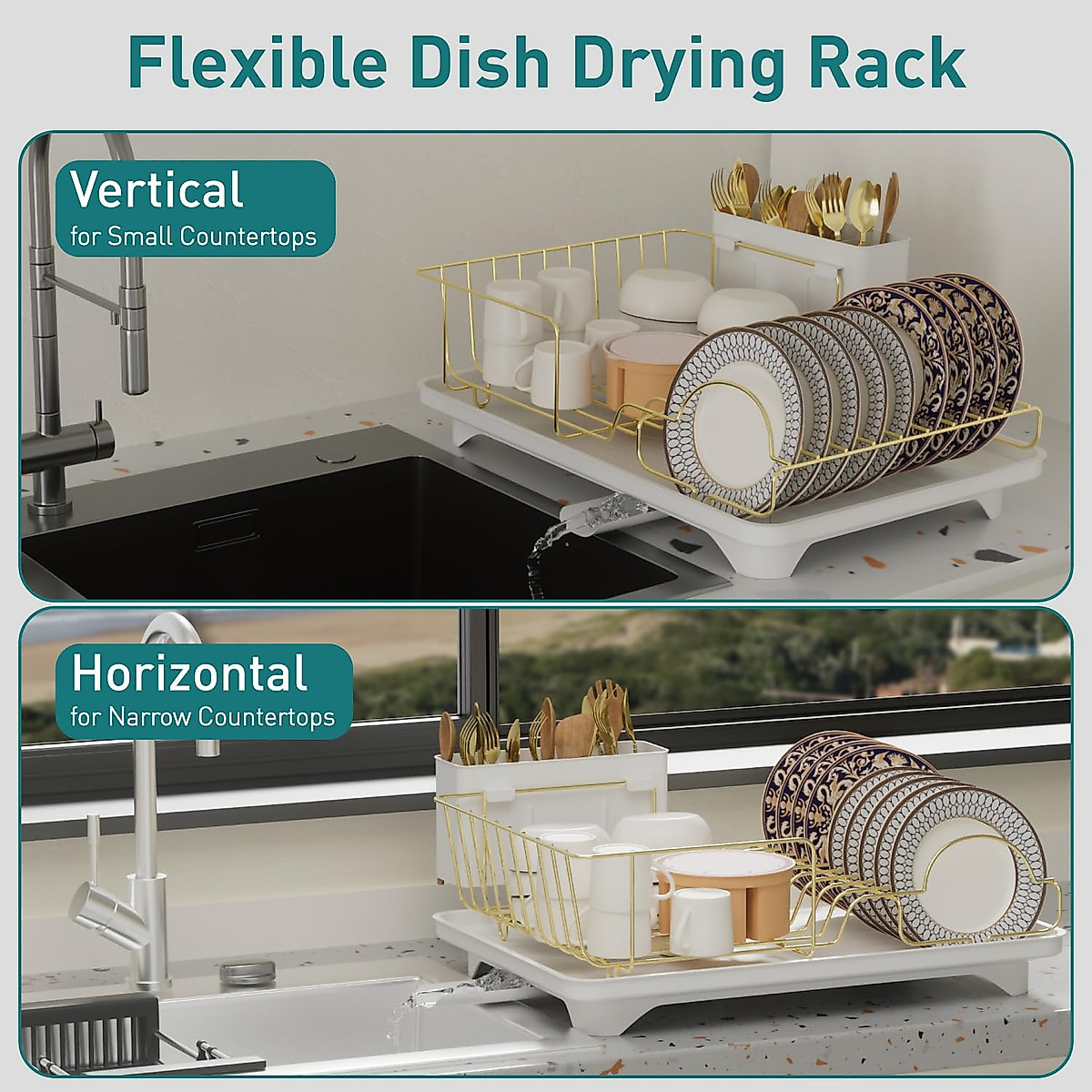 Buruis Dish Drying Rack, Gold Dish Drainer Organizer Includes Removable Drain Board and Utensil Holder, Large Capacity Metal Dish Racks for Kitchen (White)