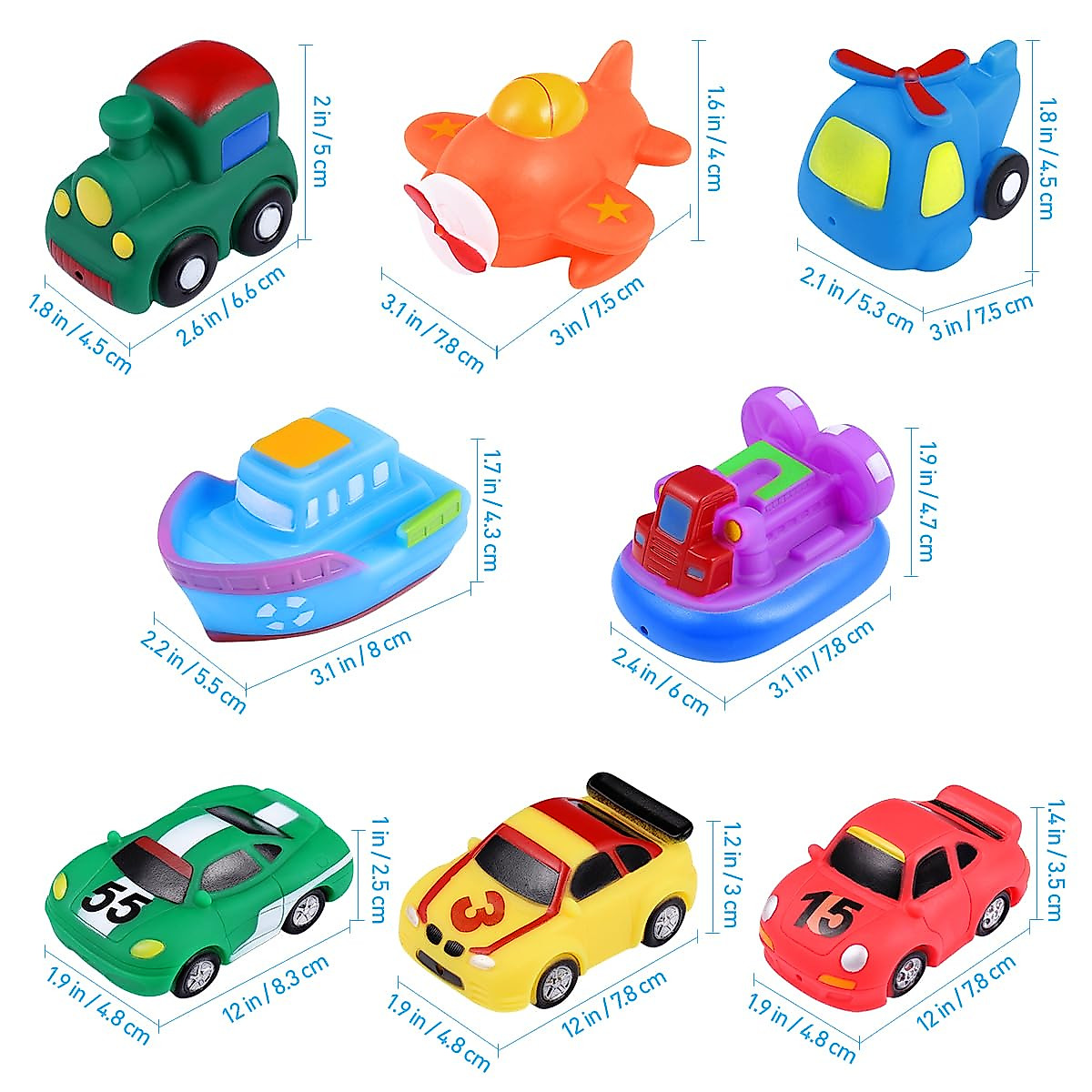 Bath Swimming Toys,8 Assorted Mini Pool Toys 3 Racing Car + Train + Boat + Hovercraft + Helicopter + Fighter