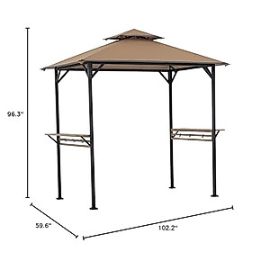 Sunjoy 5 x 8 ft Grill Gazebo with Double Tiered Canopy Roof, Black Steel Frame Grill Gazebo for Outdoor, Patio, Garden, and Backyard Activities, Khaki