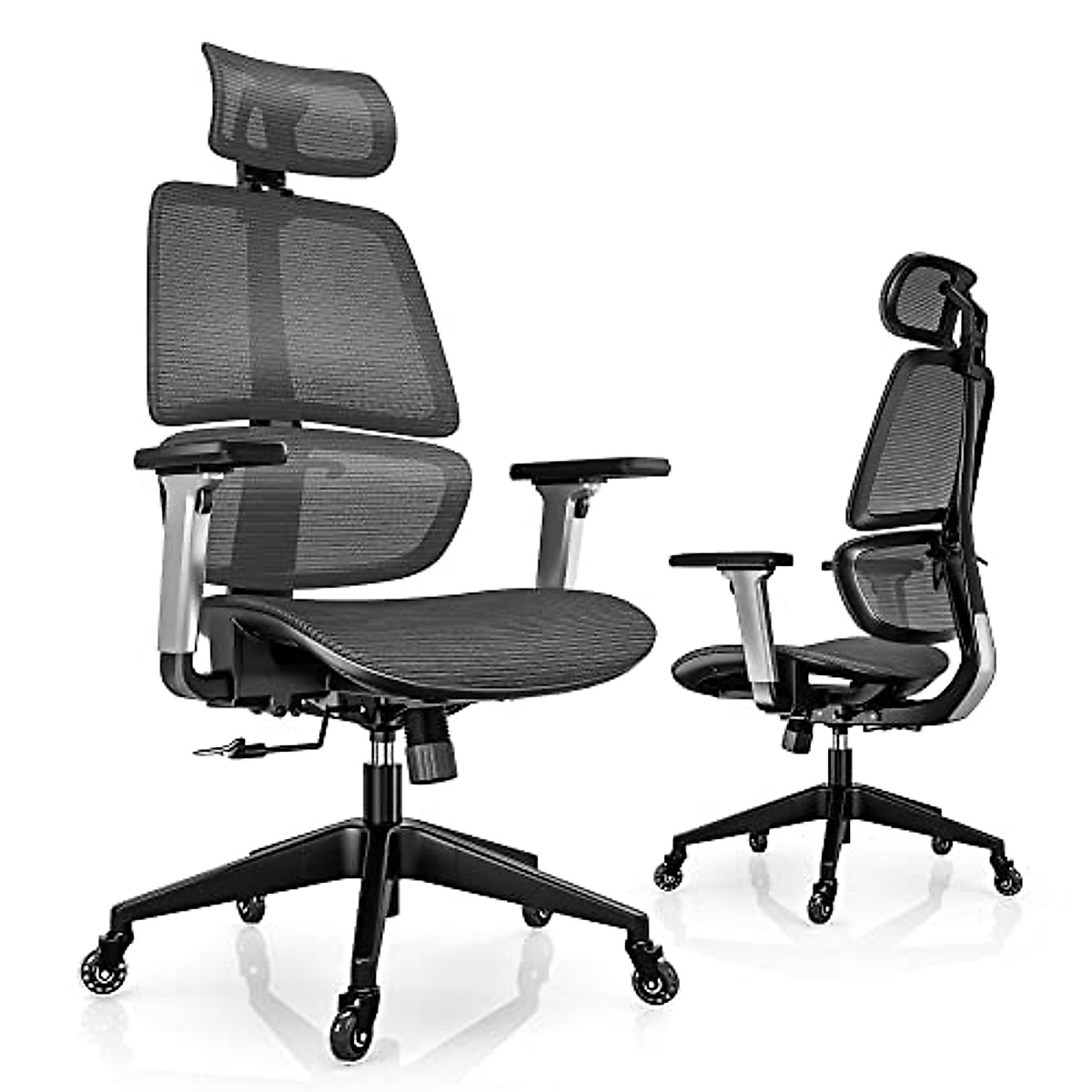 LINSY HOME High-Back Office Chair, Swivel Ergonomic Task Chair with Adjustable Headrest and Arms, Lumbar Support and PU Wheels, Computer Mesh Chair for Home Office, Dark Grey