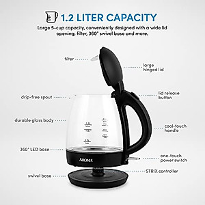 AROMA® 1.2L / 5-Cup Glass Electric Kettle with Cordless Pouring, Trigger-Release Lid, Automatic Shut-off, Black (AWK-151B)