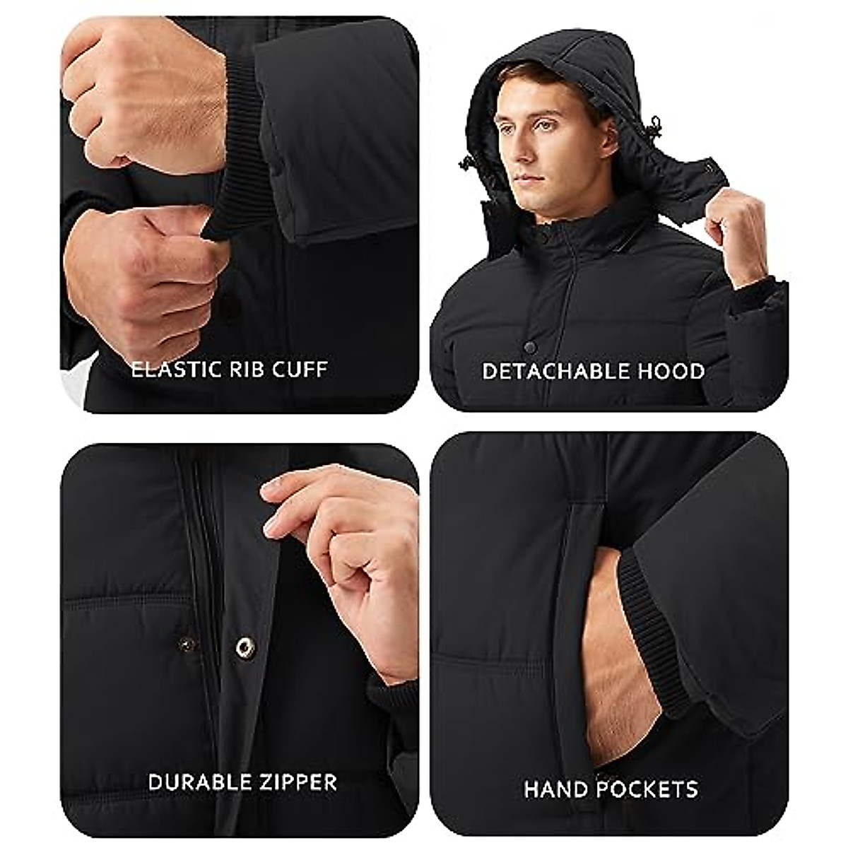 GGleaf Men's Puffer Jacket Down Winter Coat Insulated and Water-Resistant with Hood Removable Black Medium