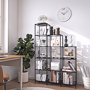 Homhedy 5-Tier Bookshelf,Metal Bookcase,Tempered Glass Shelves,Storage Rack Shelf for Home Office,Living Room,Bedroom, Bathroom,Modern Style, Black