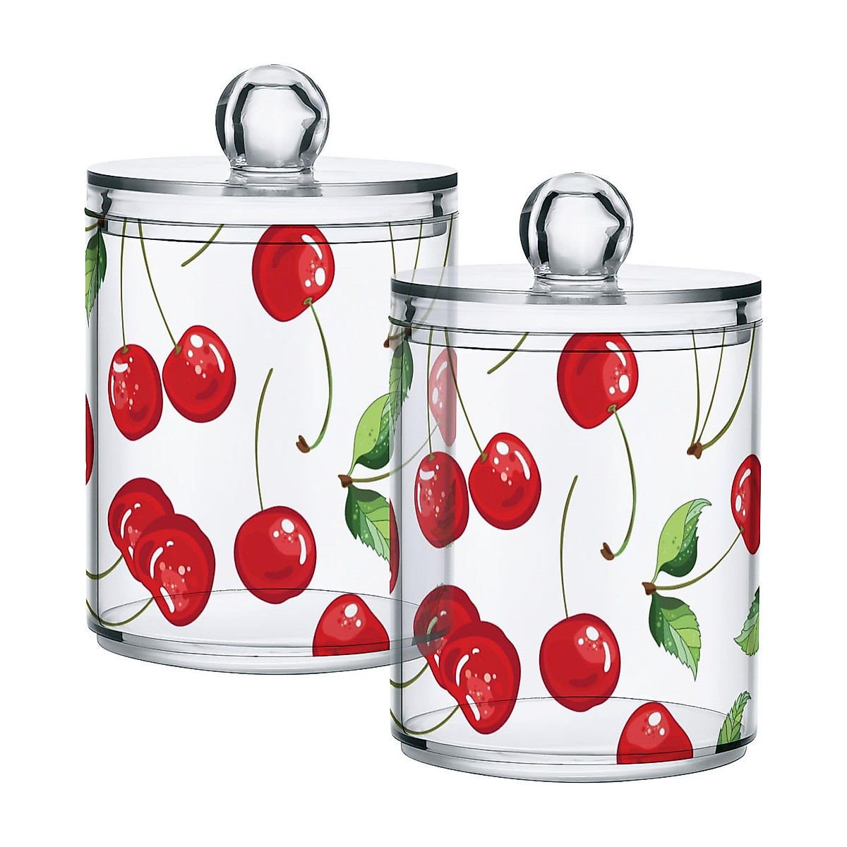 Jucciaco Cherry Fruits Canisters with Lids for Bathroom Vanity, Clear Plastic Jars Set of 2, for Cotton Balls, Cotton Pads, Qtips 4.13 x 2.75 in