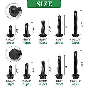 FOLIV 385PCS #8 Self Drilling TEK Screw Assortment Kit, 410 Stainless Steel Black Self Tapping Tcrews, Hex Washer Head & Modified Truss Head Black Screws, Length 1/2" to 1-1/4"