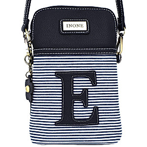 inOne Crossbody Bag Cell Phone Purse - Women PU Leather Handbag with Black and White Stripe Canvas Adjustable Straps - Monogram - Letter S