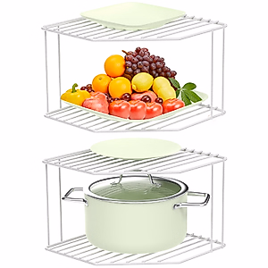AKAZA 2Pcs 2-Tier Corner Stackable Organizer Shelf for Kitchen - Cabinet Storage Shelf Rack, Shelves，Kitchen Counter and Cabinet Shelf, Storage Rack Organizer for Kitchen(White)