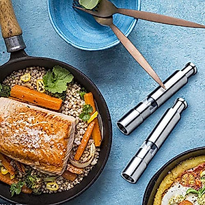 [Set of 2] Premium Stainless Steel Salt Grinder & Pepper Mill Set for Peppercorns Sea Salt Himalayan Salt and Spices, Thumb Push Button for 1 Hand Operation