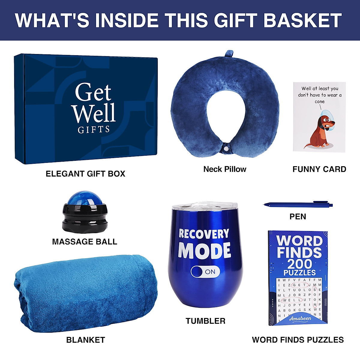 Amabeen Gifts Get Well Soon Gift Basket for Men – Recovery & After Surgery Care Package - Plush Blanket, Insulated Tumbler, Neck Pillow, Massage Roller, Puzzle Book, Funny Card, Pen