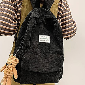 Hoce Corduroy Backpack Purse Rucksack Daypack with Anti-theft Back Pocket for Women Girls, Black