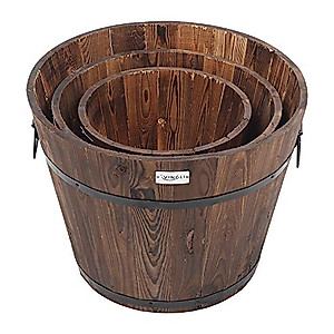 VINGLI 3 pcs Wooden Planter Barrel Set, Real Wood Indoor/Outdoor Flower Pot w/Drainage Holes, Different Sizes, Large Garden Container Box