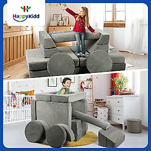 HappyKidd Modular Kids Play Couch - 15 Pieces Buildable Plush Play Couch Panels with Ball Pit Square, Backrests - Kids Sofa Couch Furniture for Ages 5-12, Kids Couch for Playroom, Bedroom, Classroom