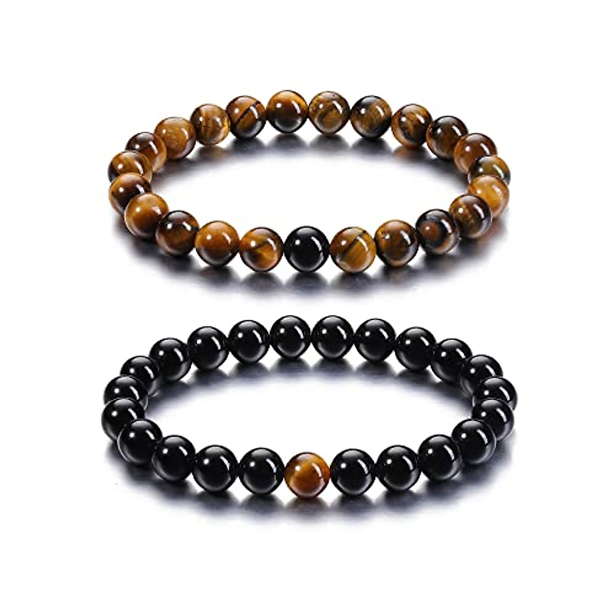 Jovivi 2pcs 8mm Black Obsidian & Tiger Eye Healing Crystal Stone Stretch Bracelets Handmade Natural Round Gemstone Beaded Energy Beads Chakra Bracelet for Women Men Couples Distance Gifts