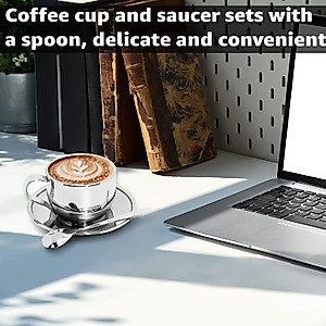 Insulated Coffee Cup with Saucer and Spoon - Dual Wall Stainless Steel Mug, Latte, Espresso, Cappuccino, Milk Drinkware, Double Layer Shatterproof Cup with Handle - 125 ml, 4.2 oz