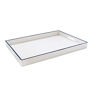 Rectangle Serving Tray- Indoor & Outdoor Platter for Home Entertaining, Cocktail Hour, Snacks, Decorative Display for Jewelry, Candles, Barware, & Perfume, White/Blue