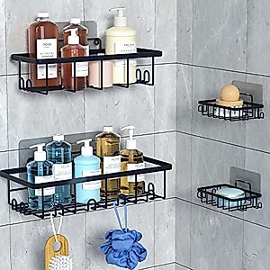 4-Pack Adhesive Shower Caddy, Bathroom Organizer with Soap Holder, Rustproof Stainless Steel Shower Organizer, Wall Mounted No Drilling Shower Rack with Hooks for Bathroom, Kitchen, Washroom- Black