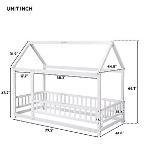AnwickNomo Twin Size Floor Bed with Fence for Toddler, Montessori Bed with House Roof, Wooden Floor Bed Frame for Boy Girl Kids (White)