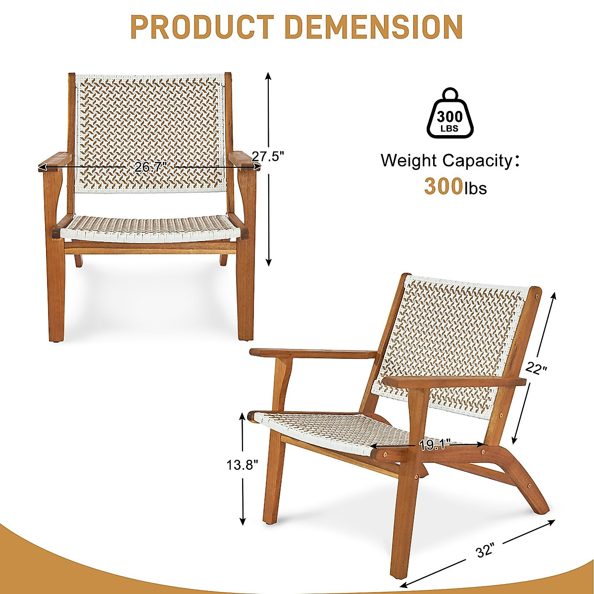 Outvita Natural Stain Outdoor Chair, Mid Century Modern Accent Armchair, Reading Lounge Chair with Ecru Handwoven Rope and Solid Acacia Wood Frame for Bedroom Patio Balcony Indoor