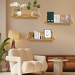 ONEHAUS Floating Shelves Wall Mounted, 3 Pcs Solid Bamboo Wall Hanging Rack Holder, Wall Storage Shelves for Bedroom, Living Room, Bathroom, Kitchen, Office Decor