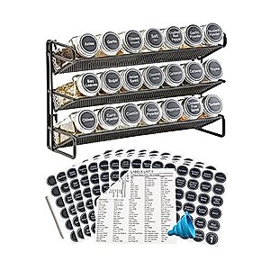 GONGSHI 3 Tier Spice Rack Organizer with 21 Empty Spice Jars, 386 Spice Labels, Chalk Marker and Funnel Set for Countertop Cabinet Pantry or Wall Door Mount - Black