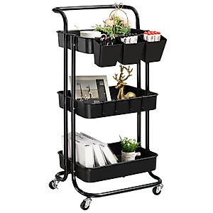 danpinera 3 Tier Rolling Utility Cart with Lockable Wheels & Hanging Cups & Hooks Storage Organization Shelves for Kitchen, Bathroom, Office, Library, Coffee Bar Trolley Service Cart (Black)