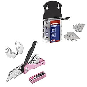 WORKPRO Utility Knife Blades, SK5 Steel, 100-Pack with Dispenser & WORKPRO Pink Folding Utility Knife with 15 Extra Blades