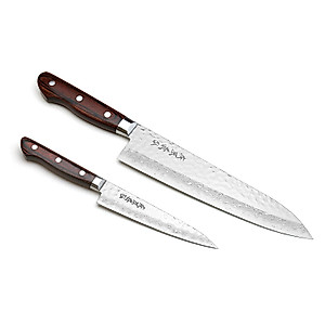 Yoshihiro VG10 16 Layer Hammered Damascus Stainless Steel Gyuto 8.25'' (210mm) Japanese Chefs Knife & Petty Utility Knife 5.3'' (135mm) SET
